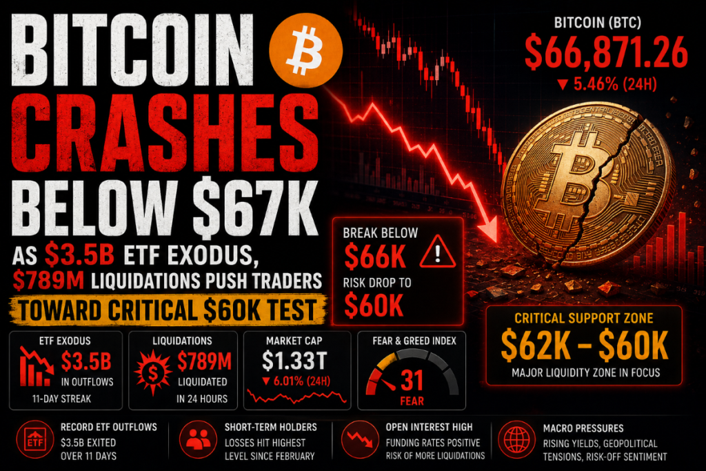 Bitcoin Crashes Below $67K as $3.5B ETF Exodus, $789M Liquidations Push ...